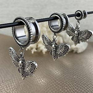 Pair of 316L Steel Screw on Tunnels with Death Moth Dangle (PS-294) (1/2" (12mm))