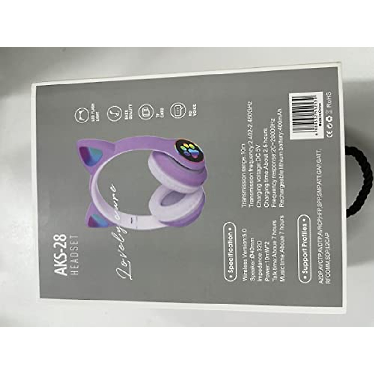 AXFEE Kids Headphones, Cat Ear Kids Bluetooth Headphones, LED Light Up Over Ear Kids Wireless Headphones with HD Stereo Sound 105dB Volume Limited, Foldable Over-Ear Headphone for PC/Pad/School-Purple