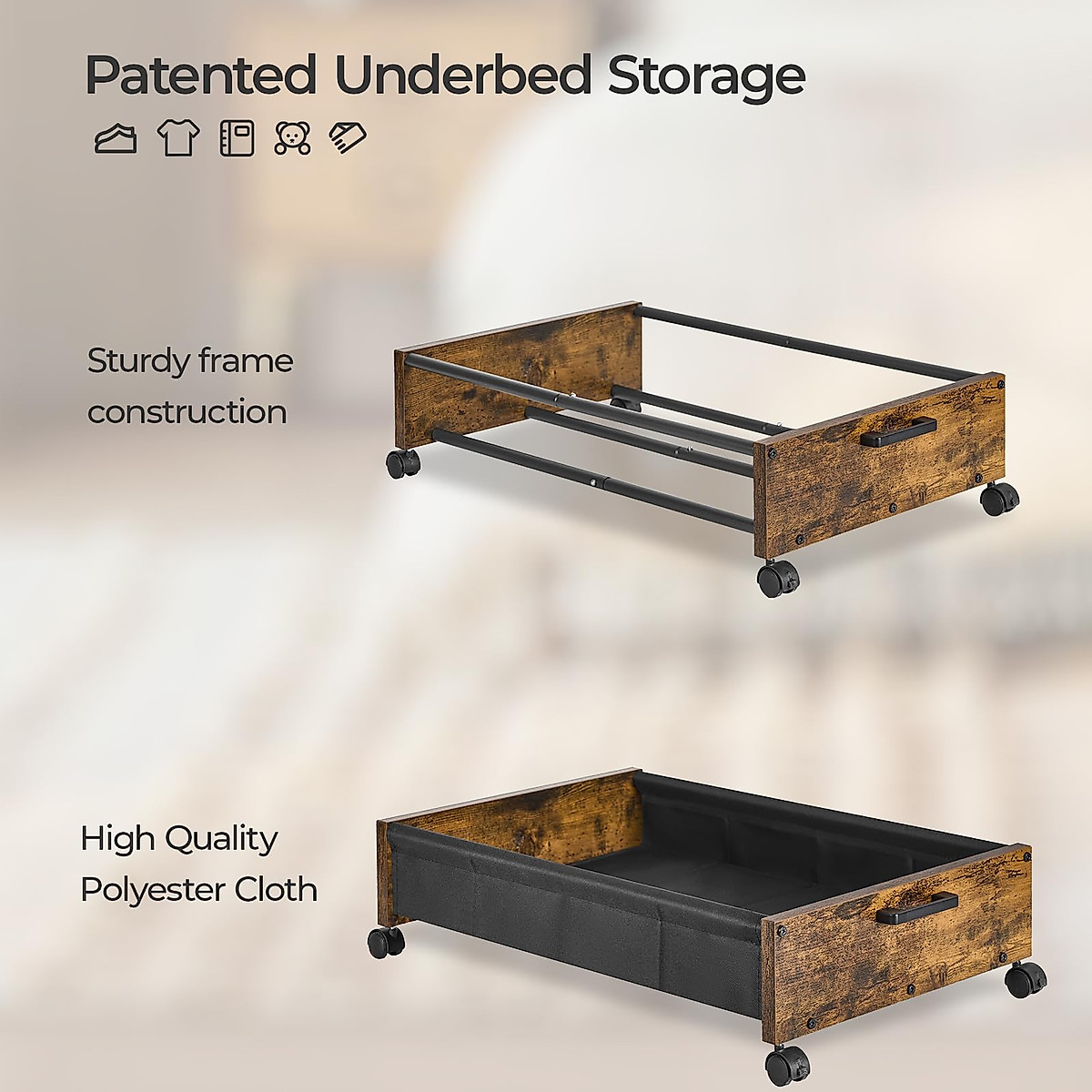 FOUCSSOMEI Under Bed Storage 2 Packs, Under Bed Drawers on Wheels, Wooden UnderBed Storage Bins, Clothes Shoe Organizers Basket, Storage Trunks for Toy Books Blankets, Patented Design, Metal Frame