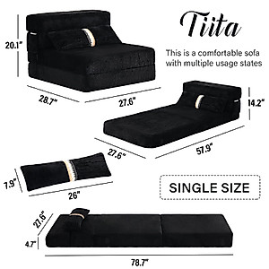 Tiita Folding Sofa Bed Couch, Single Size Foldable Futon Chair Bed with Pillow, Folding Sleeper Sofa Chair Bed Floor Mattress for Guest Room, Living Room, Black