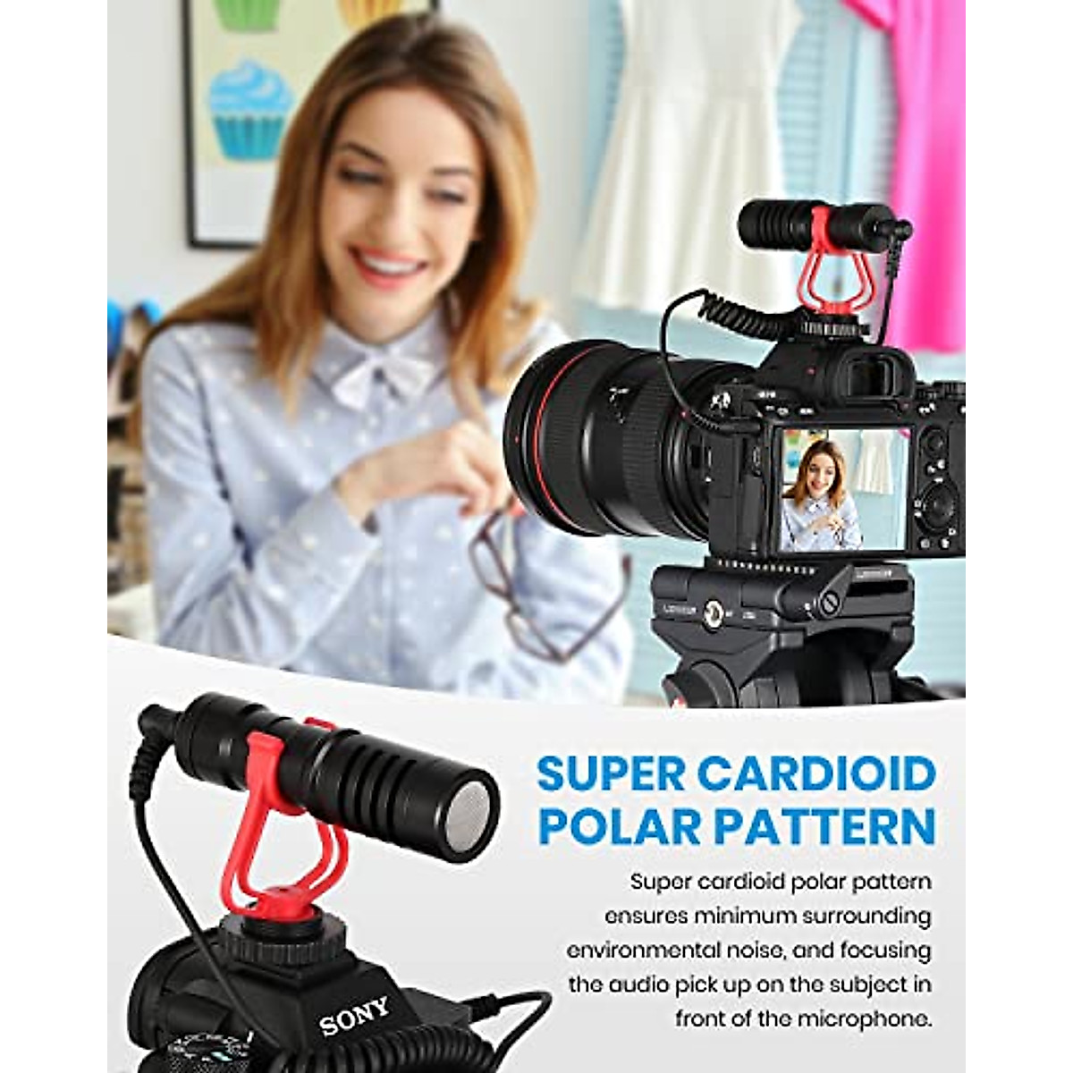 Moukey MCM-1 Video Microphone, Camera Microphone with Shock Mount, Windshield, Professional Vlogging Kit for iPhone, Android Smartphone, DSLR Camera & Camcorder, Battery-Free Shotgun Mic