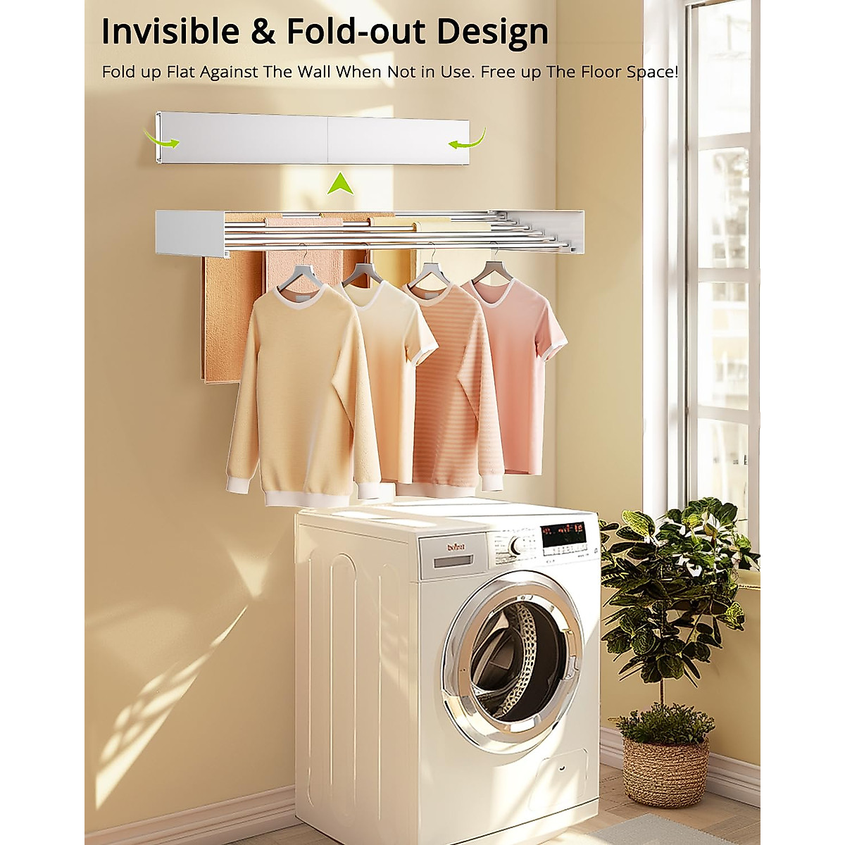 Vasunray Wall Mounted Clothes Drying Rack Folding Indoor, Foldable Laundry Drying Rack Collapsible,Invisible, Space Saving, Retractable Towel Drying Rack, with Wall Template(5 Drying Rods, White 32")