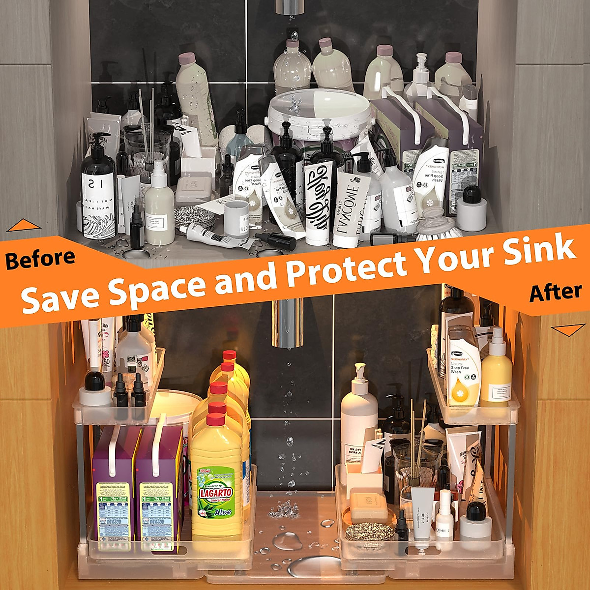 Under Sink Organizers with Waterproof Tray, L-Shaped Under Sink Organizer and Storage, Pull Out Under Cabinet Storage, Under Kitchen/Bathroom Sink Organizer