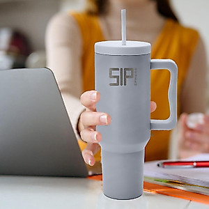 SIP SPHERE 40oz Tumbler with Handle and 2 Straw Lid, Double Wall Vacuum Insulated Thermal Mug Reusable Iced Coffee Cup, Stainless Steel Water Bottle for Home, office,Travel Gift (Winter White)