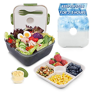 Rassody 74 OZ Salad Container To Go for Lunch with Ice Pack, Dressing Cup and 4 Compartments for Salads Toppings, Snacks, Fruits, Built-In Fork, Large Mixing Bowl, Leak-Proof, Reusable and BPA-Free