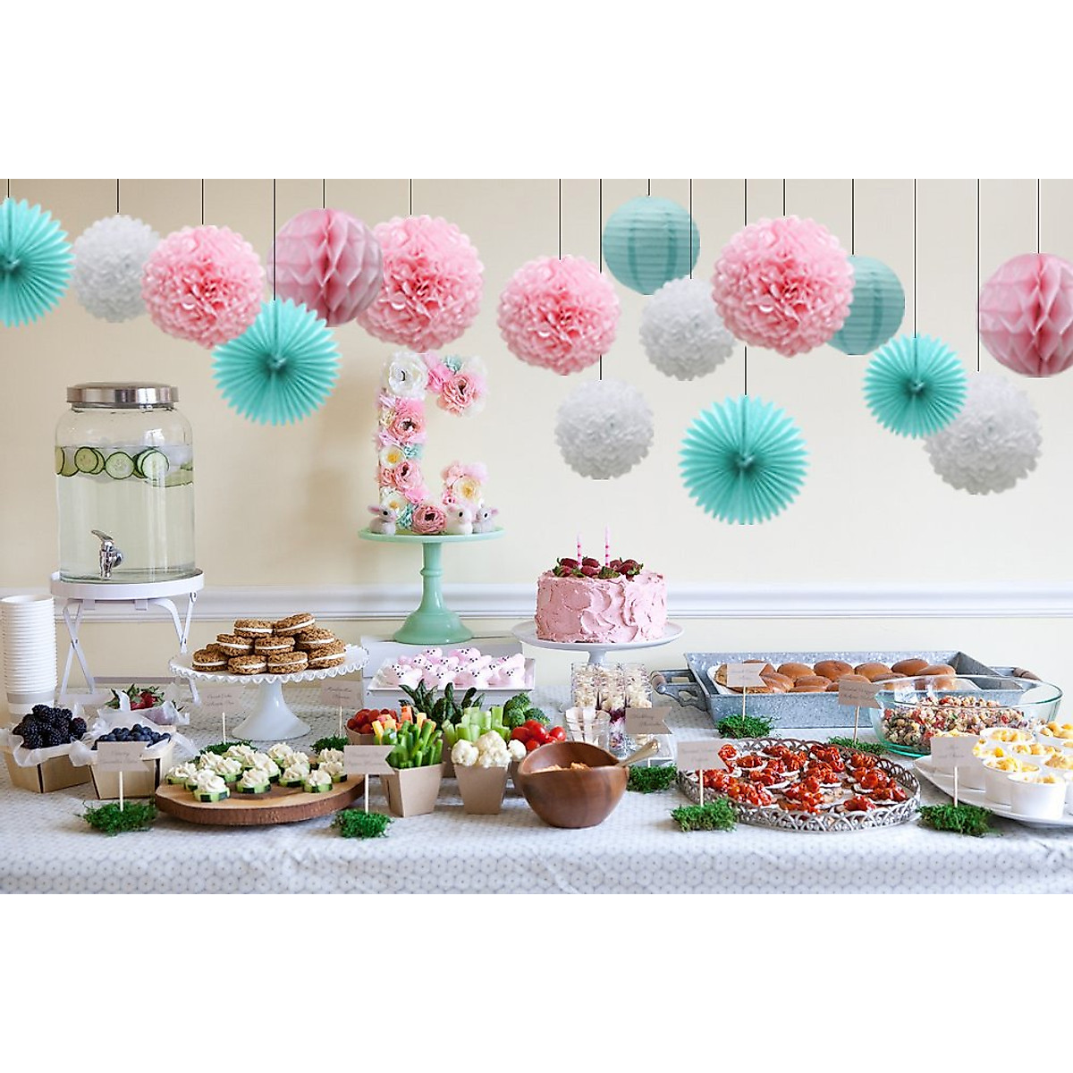 Teal Party Supplies for Bridal Baby Shower First Birthday Party Wedding Decorations (16pcs) Paper Honeycomb Ball Pom Poms Flowers Paper Lanterns Hanging Tissue Fan