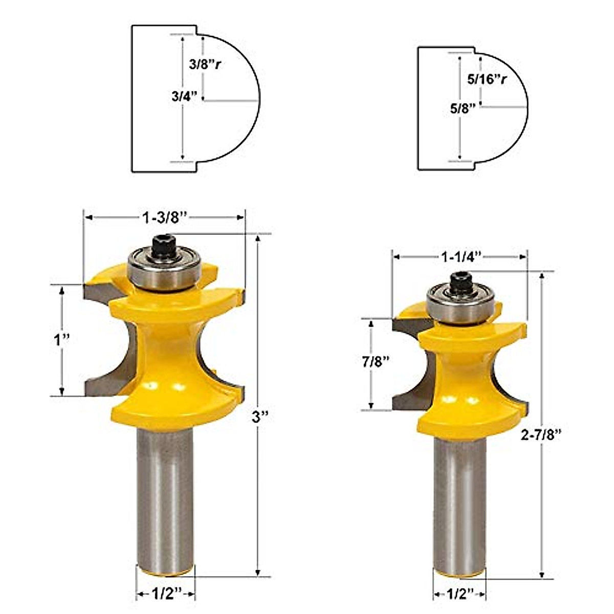 Yakamoz 5Pcs 1/2 Inch Shank Half Round Bearing Bullnose Router Bit Set Carbide Tipped Round Edge Cutting Bits | Radius 1/8" 3/16" 1/4" 5/16" 3/8"