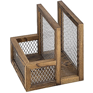 MyGift Rustic Burnt Solid Wood Farmhouse Napkin and Salt and Pepper Shaker Holder with Chicken Wire Side Panel Design, Kitchen Napkin Holder and Condiment Rack