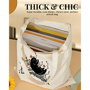 AUSVKAI Cute Book Canvas Tote Bag Aesthetic For Women Grocery Bag Cotton Beach Totes Gift-Black Cat Book