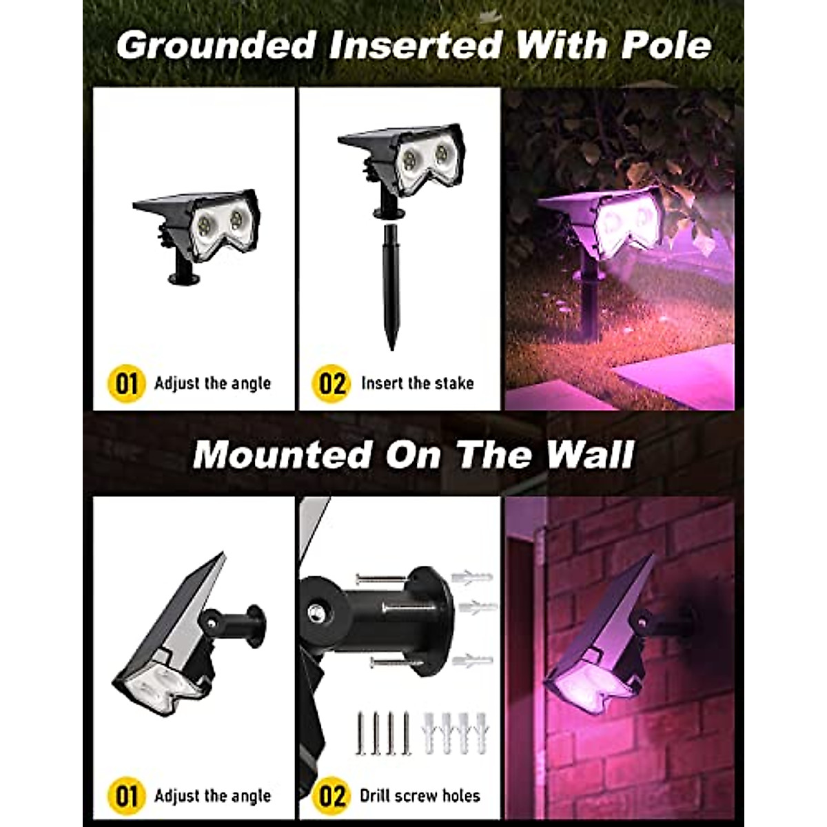 solebell Solar Spotlights [ 8 Colors/10 Modes], 2 in 1 Solar Garden Spotlights Outdoor with IP65 Waterproof, Solar Landscape Pathway Lights for Yard, Pathway, Porch, Gate, Fence, 6pack