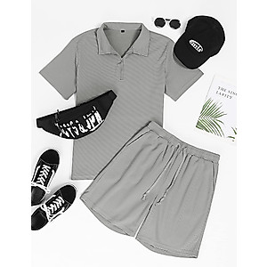 Babioboa Men's Tracksuit Polo Sirt and Shorts Set Solid Waffle Jersey Polo Short Suit Zip up 2 Piece Outfits(Grey,XXL)