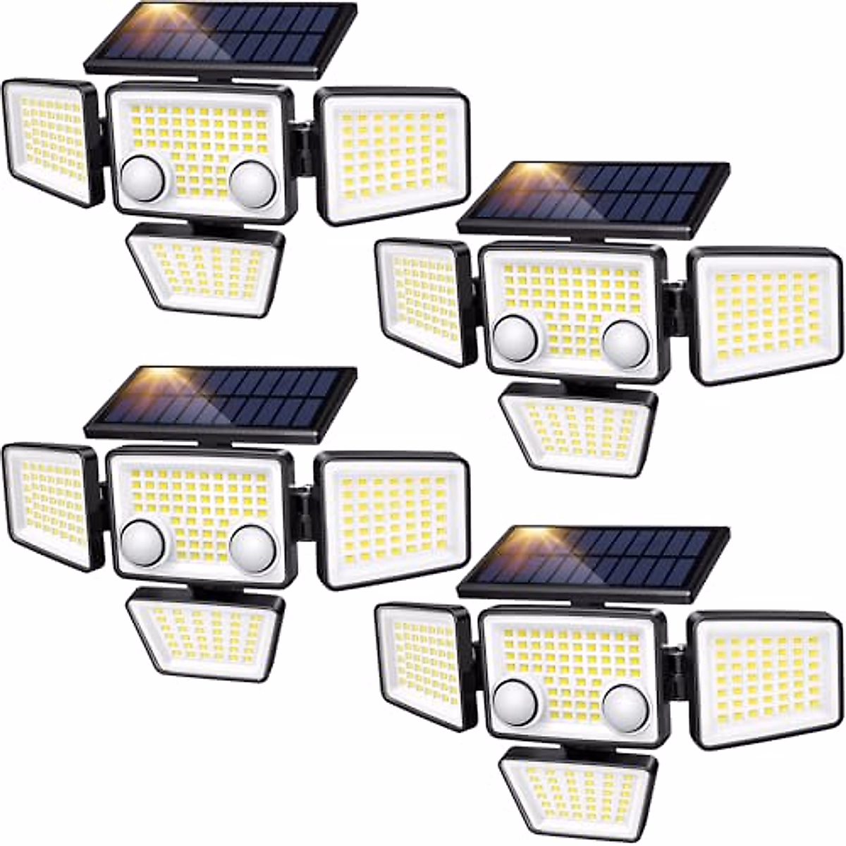 Solar Outdoor Lights - 3000LM 188 LED Motion Sensor Outdoor Lights, 4 Heads IP65 Waterproof Powered Security Flood Lights, 270°Wide Lighting Angle Wall Light with Dual Sensors for Backyard Yard Patio