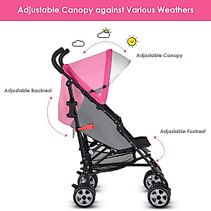 HONEY JOY Baby Lightweight Stroller, Compact Travel Stroller for Airplane, Adjustable Backrest & Canopy, 5-Point Harness, Cup Holder, Storage Basket, Foldable Umbrella Stroller for Toddlers (Pink)