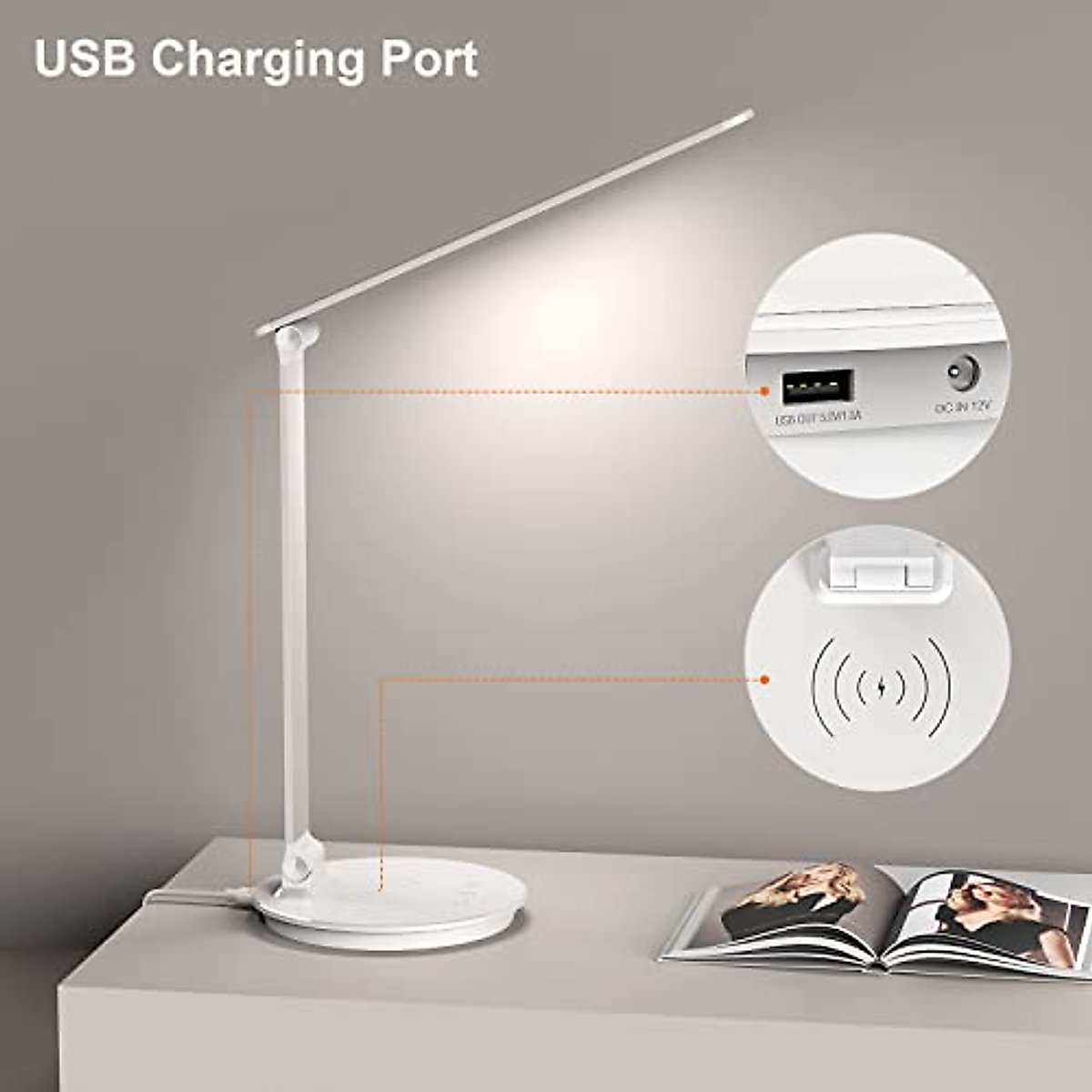 Vansuny LED Desk Lamp with Wireless Charger USB Charging Port Touch Control Dimmable Office Lamp 1h Timer 5 Color Modes 6 Brightness Levels Eye-Caring Table Lamp for Home Office Bedroom White