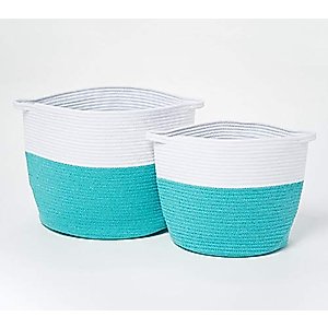 StorageWorks 100% Natural Cotton Rope Hand-Woven Basket- Two Color Design- White & Seaglass- 2 Pack