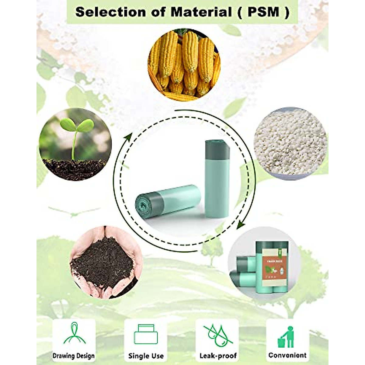 Small Trash Bags, AYOTEE 2 gallon trash bag Drawstring Compostable Trash Bags, 50 Counts Small Garbage Bags Bathroom Trash Bags Compost Bags Waste Basket Liners for Bathroom,Office,Pet,Car (Green)