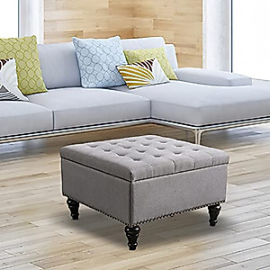 TTGIEET Ottoman, Wide Square Storage Coffee Table Upholstered Tufted Linen Fabric Bench with Large Oversized Foot Rest for Living Room Bedroom (Grey)