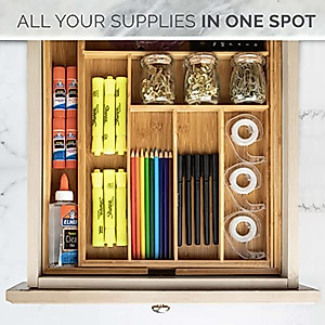 Bamboo Kitchen Drawer Organizer - Easily Adjust The Wooden Tray Width to Drawer Size, Deep Enough to Fit Entire Drawer and Accommodates Different Kitchen Utensil and Cutlery Sizes.