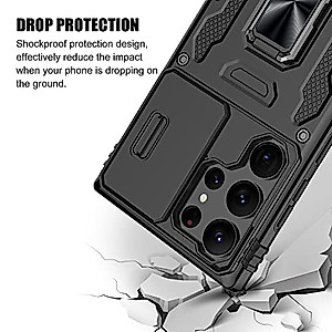 SYONER for Samsung Galaxy S23 Ultra Case, Shockproof Phone Case with Sliding Camera Cover & Rotatable Ring Holder Kickstand + Soft TPU Screen Protector for Galaxy S23 Ultra (6.8", 2023) [Black]