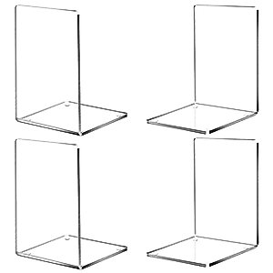 HappyHapi Book Ends Acrylic Bookends for Shelves, Clear Book Holder Stand, Non-Skid Decorative Bookend, Study Book Organizer for Home Library Office, 5 x 5 x 7.3 in (2 Pair/4 Pcs, Large)