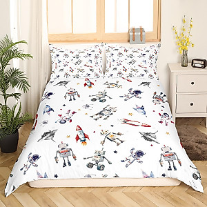 Kids Robot Duvet Cover Set Queen Size,UFO Spaceship Astronauts Bedding Set for Boys Girls Child Room Decor,Cute Aircraft Stars Print Comforter Cover Space Adventure White Quilt Cover,2 Pillowcases