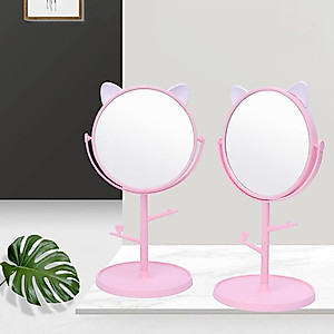 Desk Mirror in Cute Cat Ears Shape Practical Desktop Makeup Mirror Portable with Folding Stand Round Makeup Mirror Stand Up Desk 360 Circular Rotation Cute Circle Mirror for Bedroom Bathroom