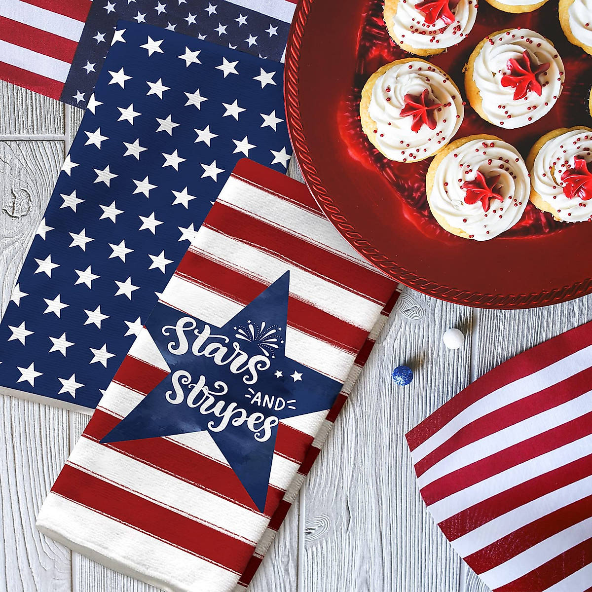 AnyDesign 4th of July Kitchen Dish Towel 18 x 28 In Independence Day American Flag Stars Stripe Dishcloth Red Blue White Cloth Tea Towel Decorative Hand Towel for Bathroom Kitchen Cooking Baking, 2Pcs