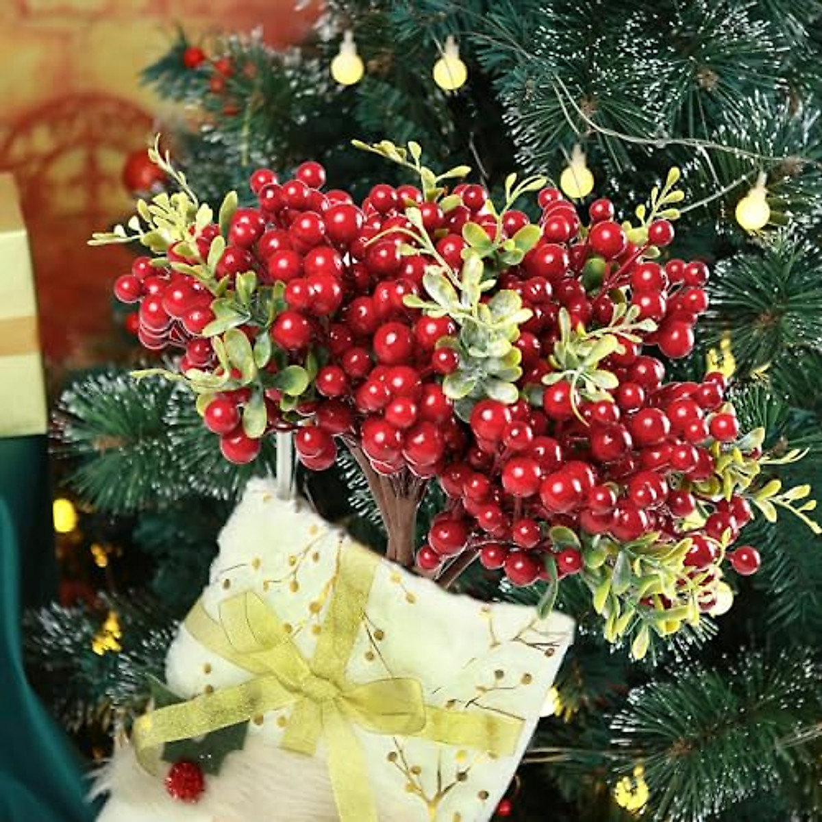 HEBE 12 Pack Christmas Flower Picks Artificial Red Berry Stems Fake Holly Berries Branches for Christmas Tree 0rnaments DIY Wreath Vase Holiday Home Xmas Decor