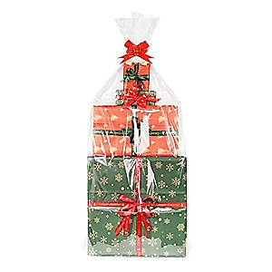 JOYIT 10 Pack Clear Cellophane Bags Large (35 in x 55 in) - 3 Mil Thicker Clear Cellophane Wrap for Gift Baskets, Opp Clear Plastic Gift Bags with Red Bows Ribbons