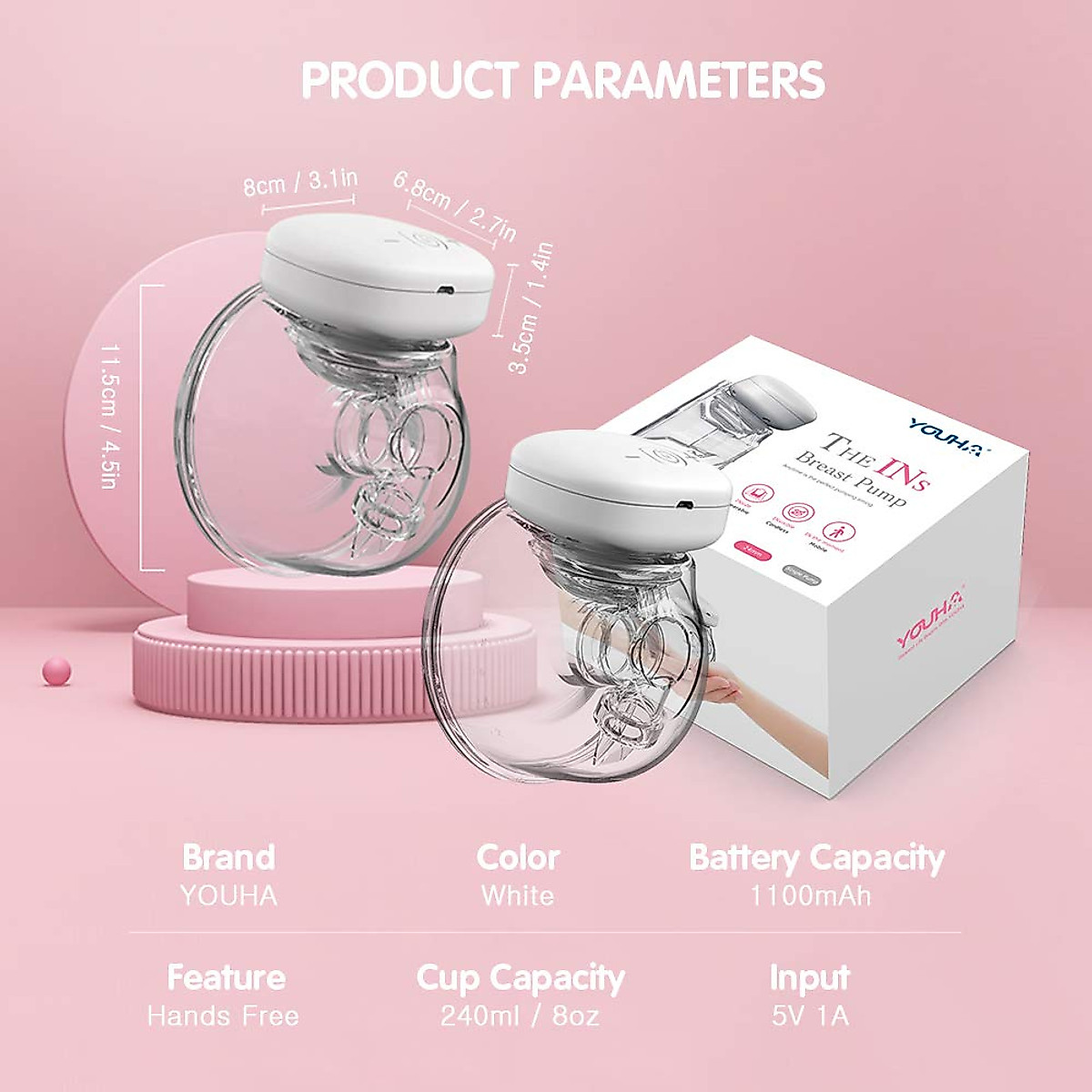 2Pcs Hands-Free Breast Pumps Wearable Electric Breastpump Portable Comfort Breastfeeding Pump 3 Modes 9 Suction Levels Rechargeable Wireless Milk Collector (24mm Nipple Diameter)