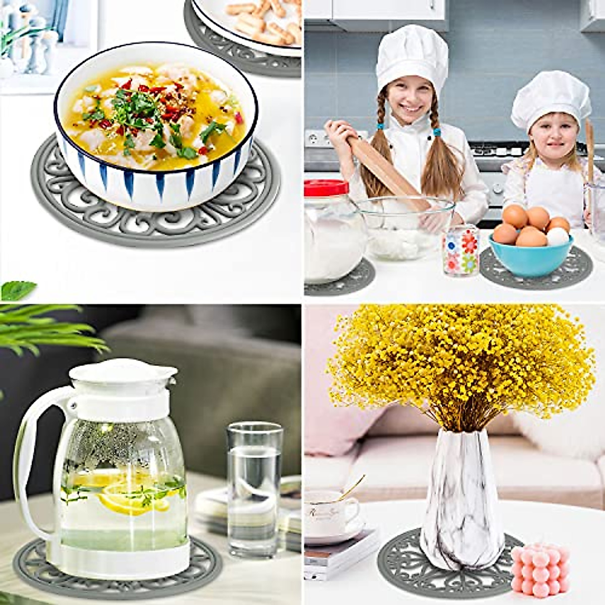 Trivets for Hot Dishes - NWFHTD Silicone Trivet Mat for Kitchen Counter - Hot Plates to Protect Table / Hot Pads for Countertops / Hot Pot Holder / Pads for Hot Pots & Pans - Set of 3, Black