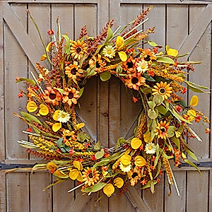 idyllic 20 Inches Harvest Wreath, Yellow and Orange Daisies Flowers, Ear of Wheat, Green and Spring Leaves Wreath for Front Door