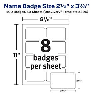 Avery Flexible Name Tag Stickers, White Rectangle Labels, 400 Removable Name Badges, 2-1/3" x 3-3/8" (5395)