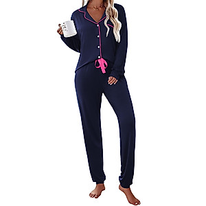 Ekouaer Pajamas Set Long Sleeve Sleepwear Womens Button Down Nightwear Soft Pj Loungewear with Pockets,Navy,L