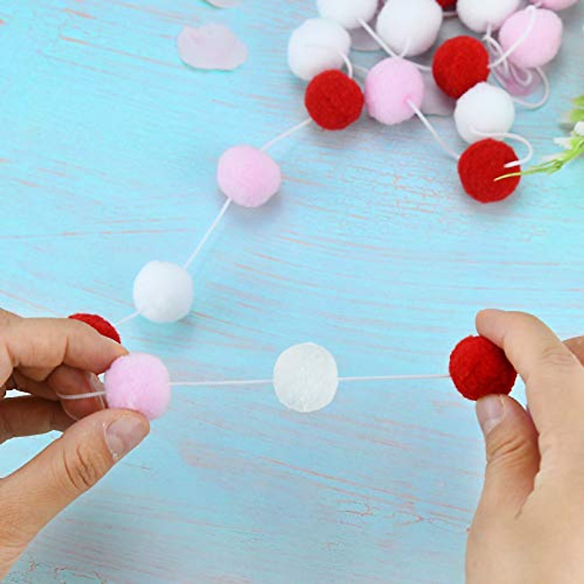 Jmkcoz Christmas Valentine's Day Felt Ball Garland Felt Banner Pom Pom Garland Decoration, 90 Pcs Pompom Balls Hanging Bunting Ornament for Mother's Day Wedding Birthday New Year Party Tree Wall Decor