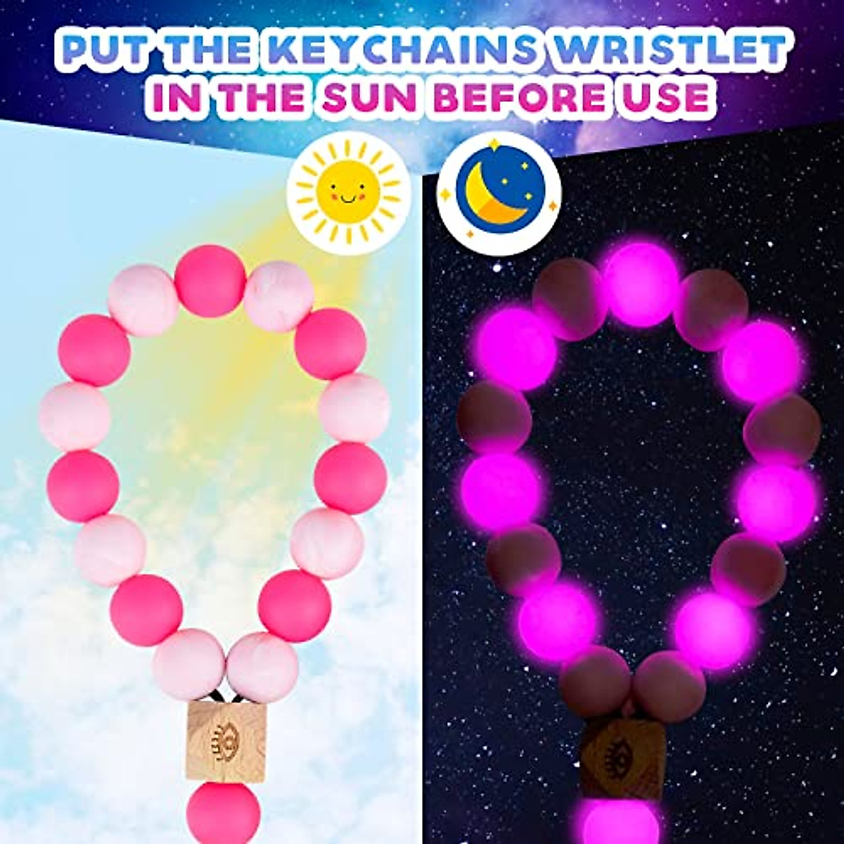 Bisanzoya Luminous Silicone Key Ring Bracelet with Tassel, Unique Wristlet Keychain Fluorescent Beaded Bangle Key Chains Glow in The Dark Accessories for Women Cute Luminous Pink