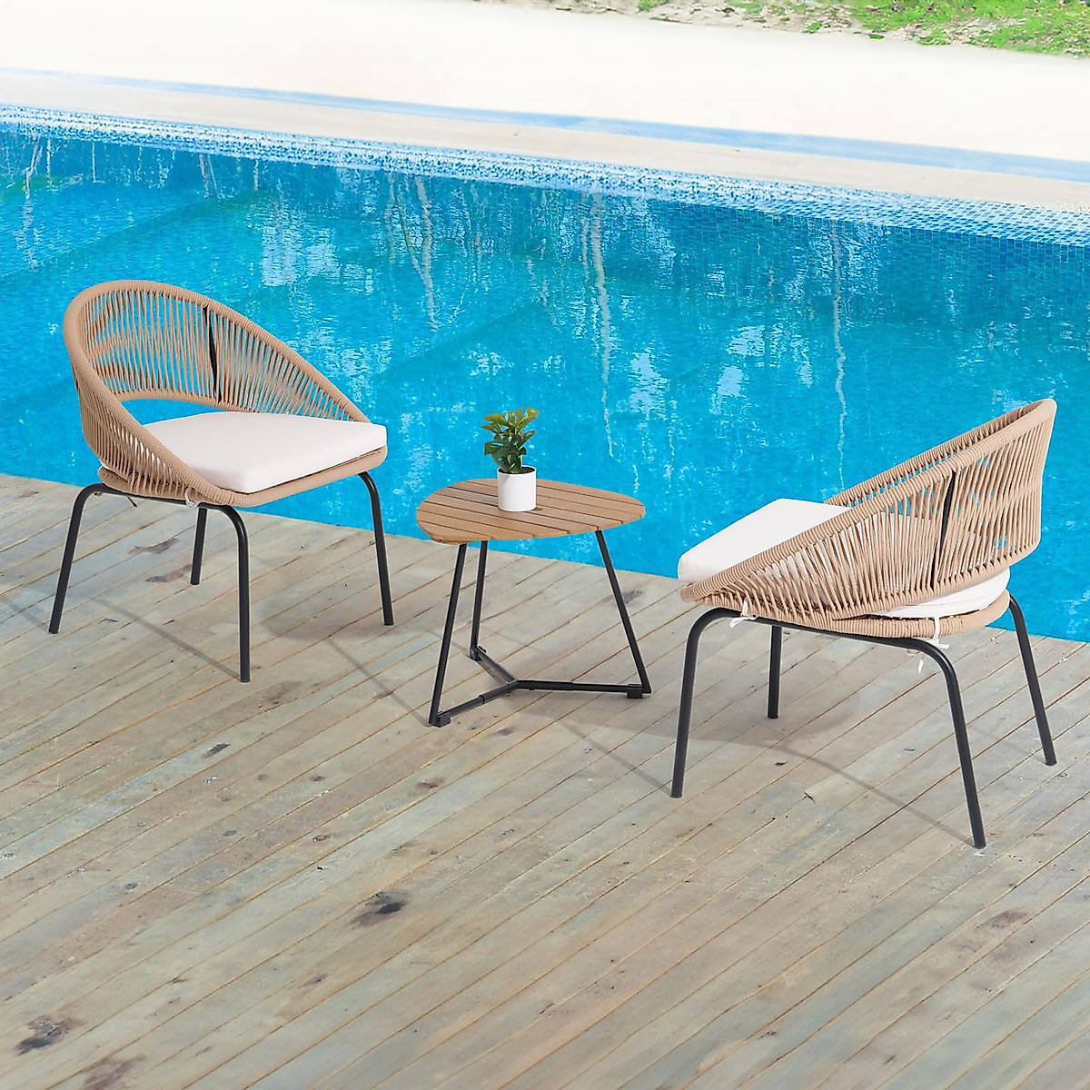 Yangming Patio Furniture Set, 3 Piece Outdoor Bistro Chair Conversation Sets Woven Rope with Wood Coffee Table for Yard Backyard Lawn Garden Porch Backyard Deck Poolside Balcony