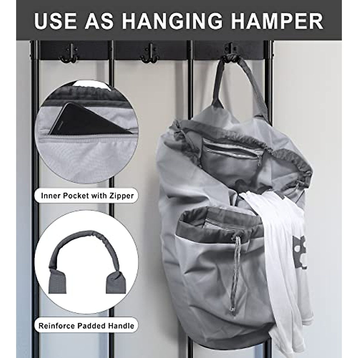 VividPaw Laundry Bag Extra Large Heavy Duty, Laundry Backpack for College students, Travel Laundry Bags with Adjustable Strap, Pockets and Handle, Dirty Clothes Hamper, College Dorm Room Essentials (Grey)