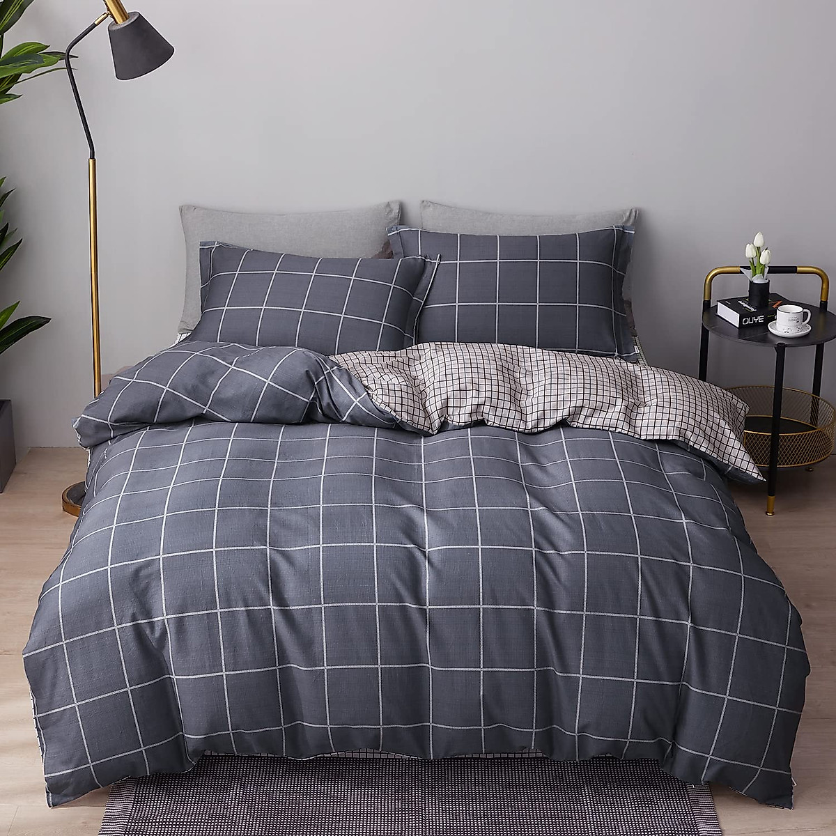SAPHREAS Gray Plaid Duvet Cover Set Queen Size 3pcs Dark Grey Grey Geometric Grid Cotton Bedding Comforter Cover Set 1 Quilt Cover 2 Pillow Shams