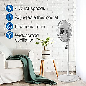 Lasko S16614 Oscillating 16″ Adjustable Pedestal Stand Fan with Timer, Thermostat and Remote for Indoor, Bedroom, Living Room, Home Office & College Dorm Use, 16 Inch, White