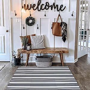 Black and White Striped Outdoor Rug Front Porch Rug 27.5"x43" Cotton Hand-Woven Welcome Mats Layered Door Mats for Front Porch/Entryway/Laundry Room/Bedroom/Outdoor (27.5"x43")