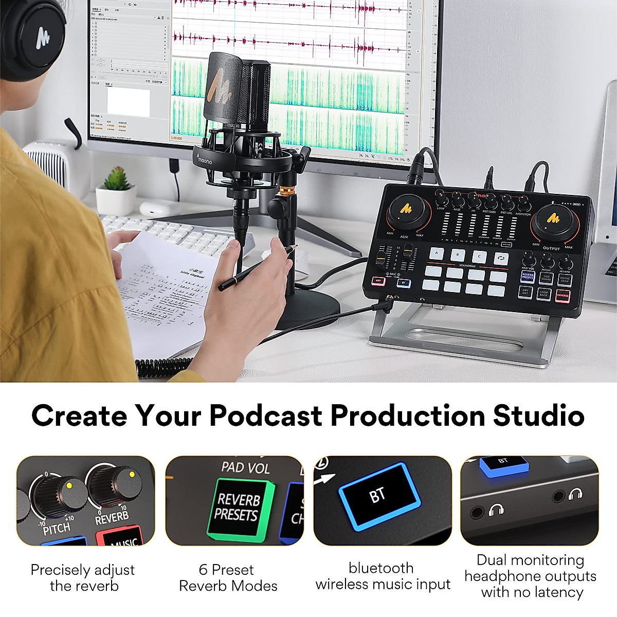 MAONO Audio Interface, MaonoCaster 10-Channel Podcast mixer with Pro-preamp, 48V Phantom Power, Bluetooth, 11 Customize sound pads for Recording, Streaming, Youtube, TikTok, PC, Guitar (AME2)