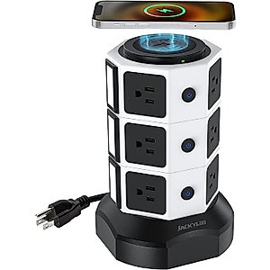 Power Strip Tower with Wireless Charger - Surge Protector with USB, JACKYLED Electric Outlet 13A 10 AC Outlets 4 USB Ports 6.5ft Extension Cord for School Dorm Office Home Desktop Computer White Black