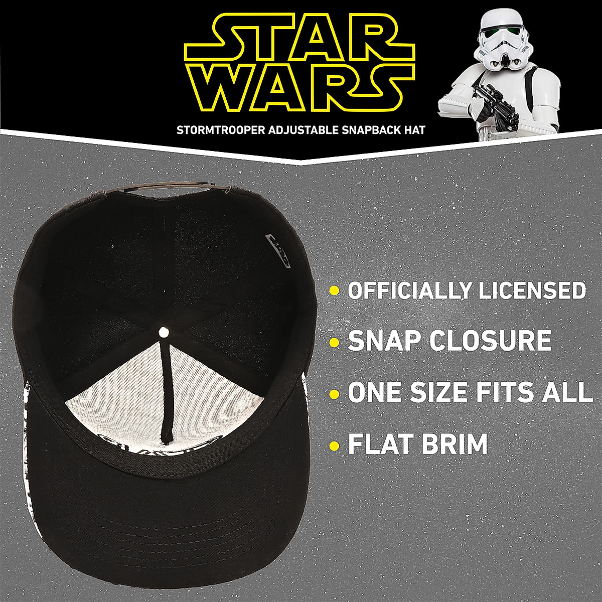 Disney mens Star Wars Embroidered Logo and Stormtrooper All Over Adjustable Snapback Baseball Hat with Flat Brim Black White One Size, Black, One Size US