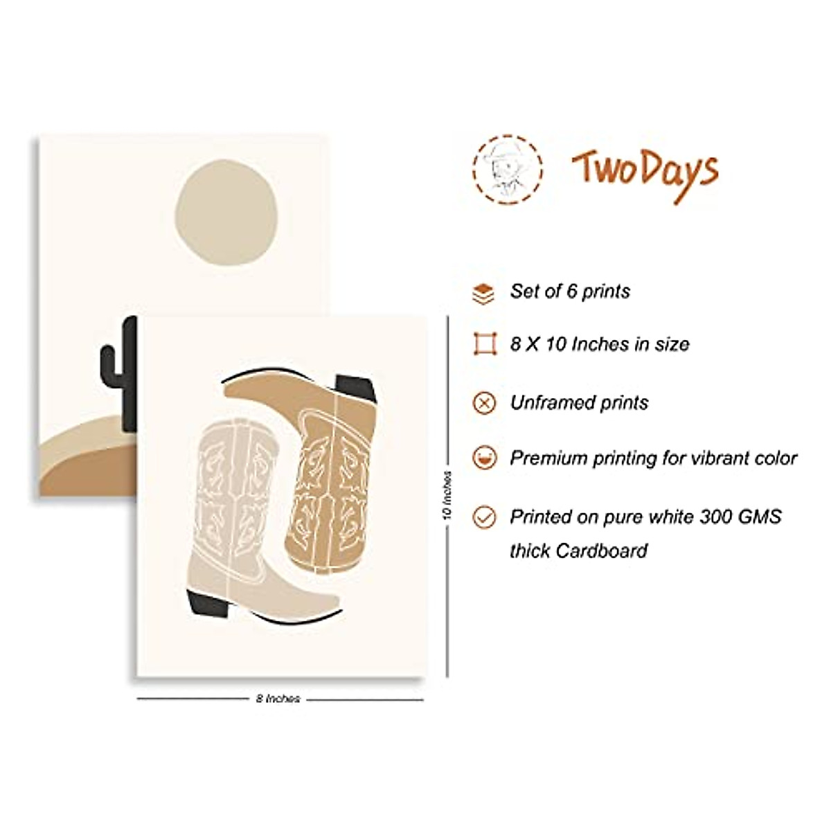 TwoDays Western Room Decor for Teen Girls, Boho Western Wall Decor for Bedroom, Cowgirl Art Prints, Western Home Decorations, Country Theme Posters. (8" X 10", Set of 6, Unframed)