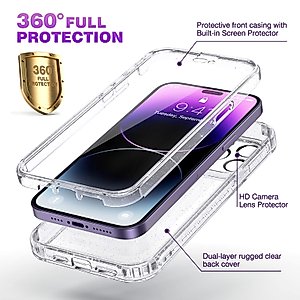 Diaclara Designed for iPhone 14 Pro Max Case 6.7’’ [2023 Upgraded], Full Body Rugged Case w/Built-in Touch Sensitive Anti-Scratch Screen Protector+9H Glass Camera Lens Protector(Clear Glitter)