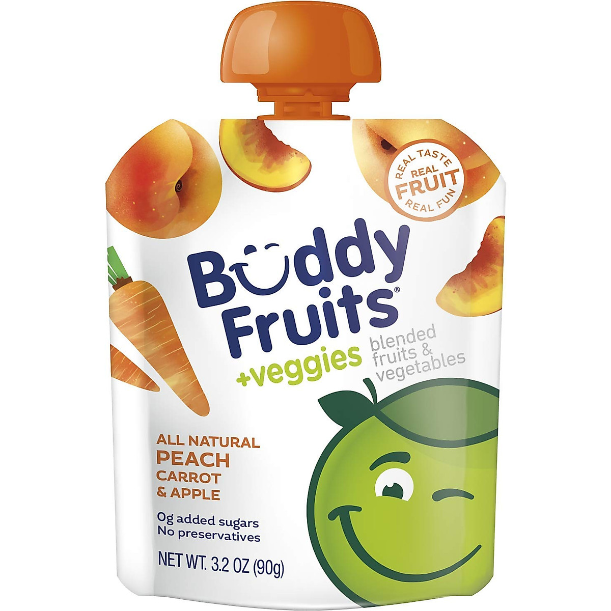 Buddy Fruits Pure Blended Fruit and Veggies Apple, Peach and Carrot Applesauce | 100% Real Fruits & Veggies | No Sugar, Non GMO, Vegan, No Preservatives, Certified Kosher | 3.2oz Pouch 18 Pack