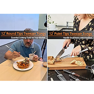 JETKONG 6 Pcs Cooking Tweezer Tongs, 12'' and 6.3" Stainless Steel Kitchen Tweezer Set, Professional Chef Tweezers for Cooking, Repairing, Sea Food, BBQ, Multi-use