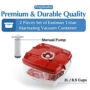 PrepSealer Marinating Vacuum System Container-Makes Food Tastier, Juicier, Healthier and More Tender (2 Liter, Square Shape, Tritan Material, Red Color, Manual Hand Pump Included)