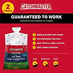 Catchmaster Fly Trap Bundle, Fly Bag 2-Pack & Fly Ribbon 20-Pack, Fruit Fly Traps for Indoors & Outdoors, for Garage, Backyard, Pool, Patio & Camping